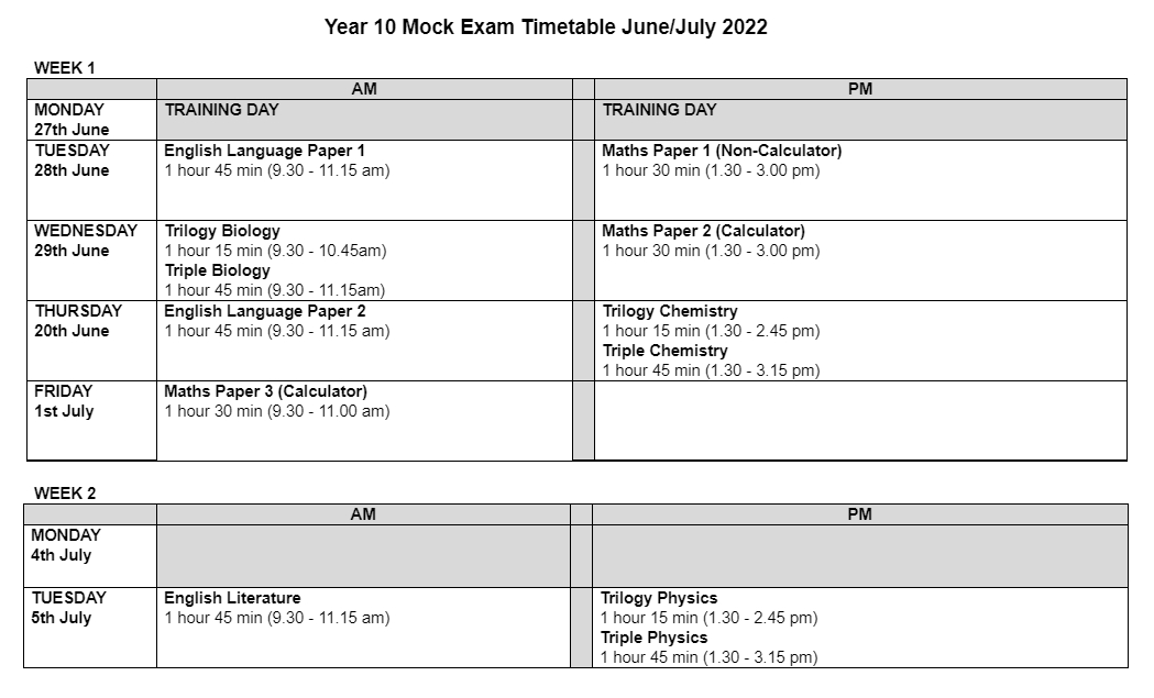 Ormiston Forge Academy - UPDATED (17/6/22) Year 10 Mock Exams